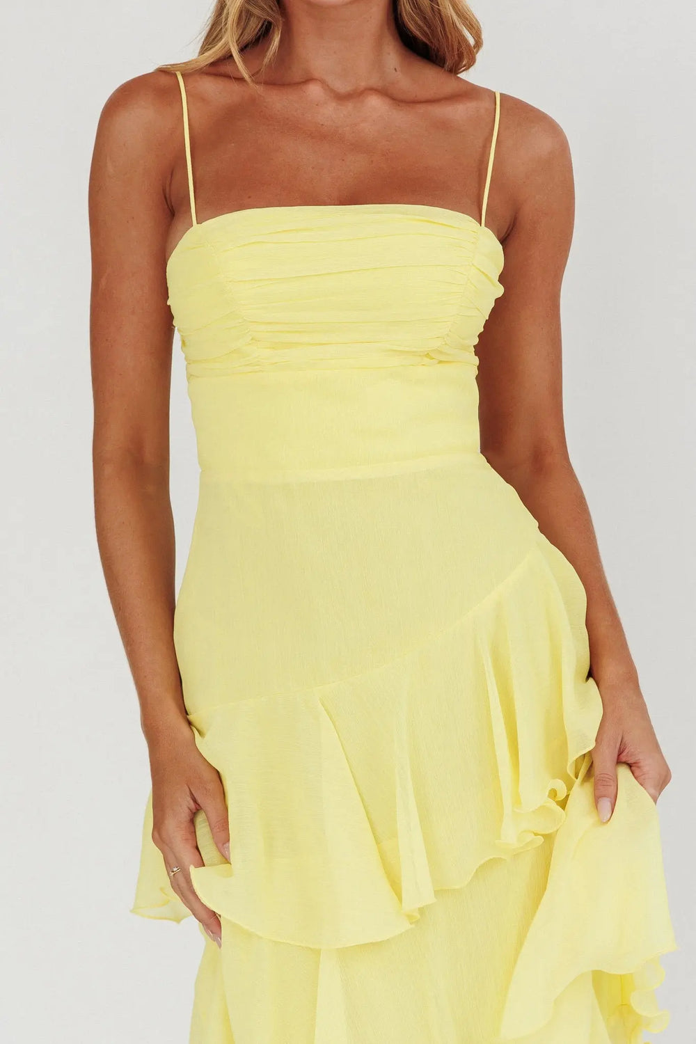 RUCHED TIERED MAXI DRESS-LEMON - UNCOMMON REIGN